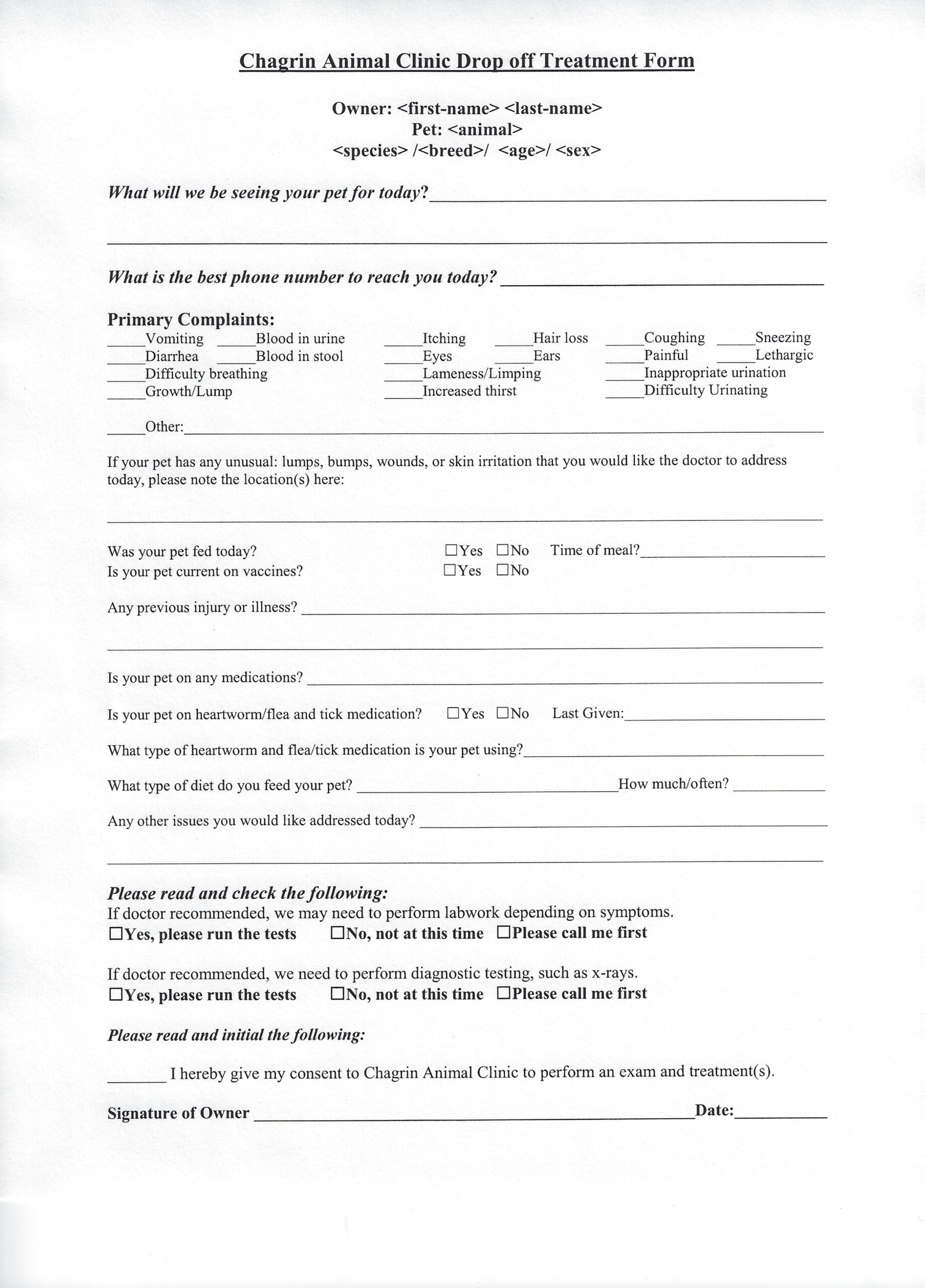 Pet Drop Off Consent Form Template