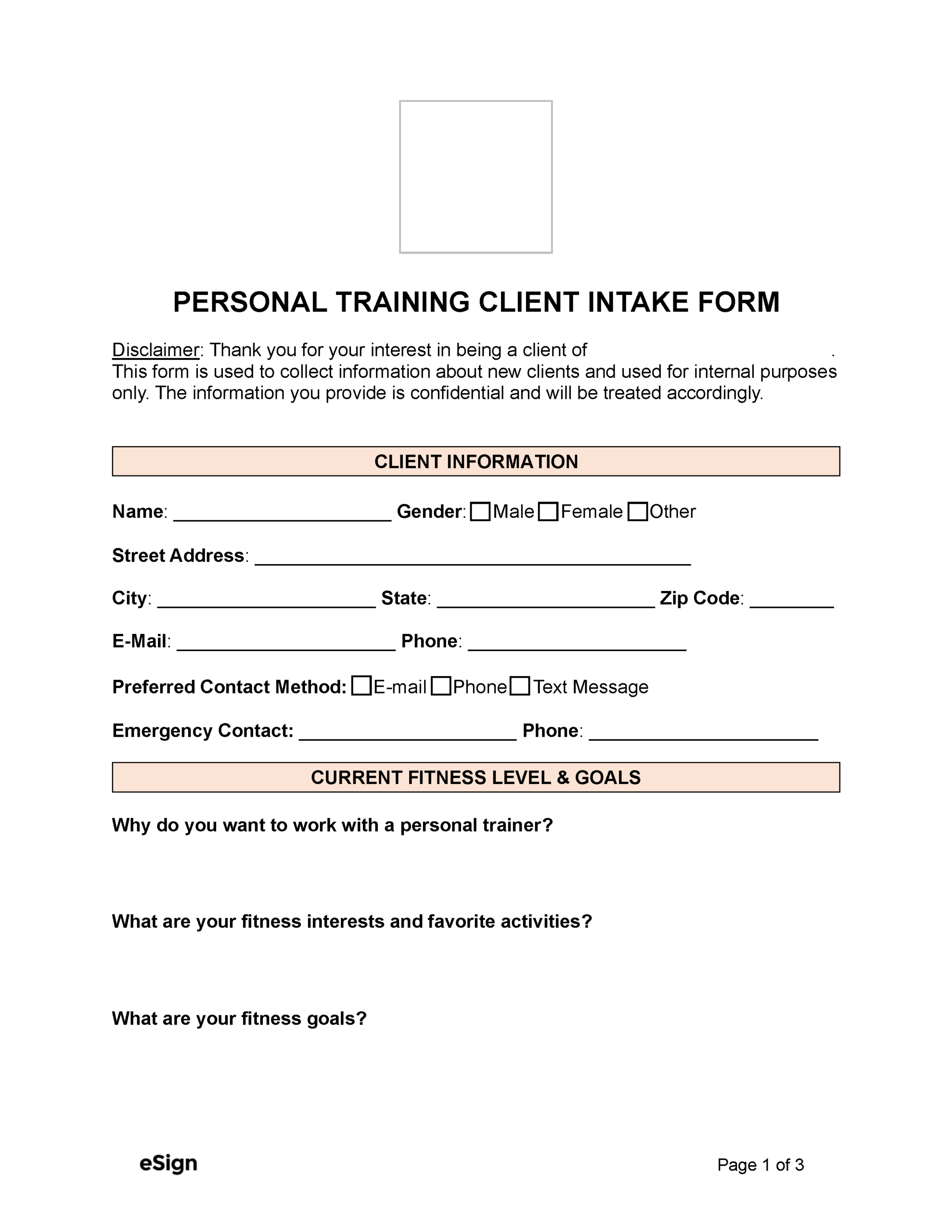 Physical Fitness Client Intake Form Template