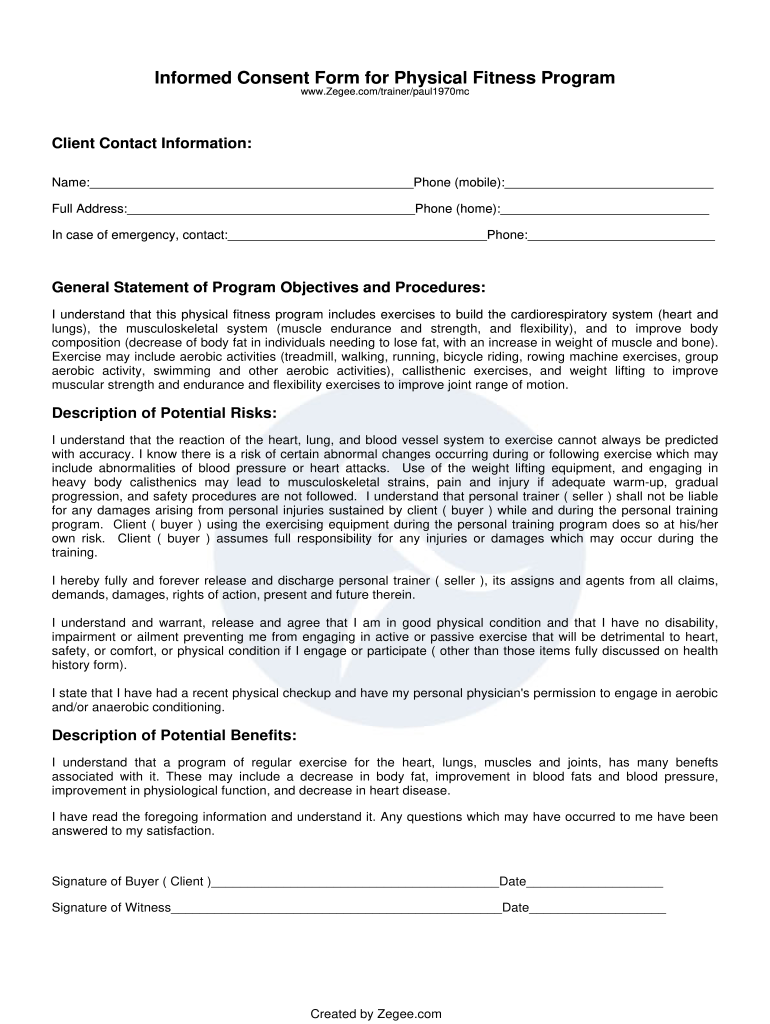 Physical Fitness Consent Form Template