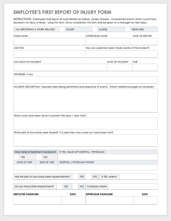 Physical Injury Incident Form Template