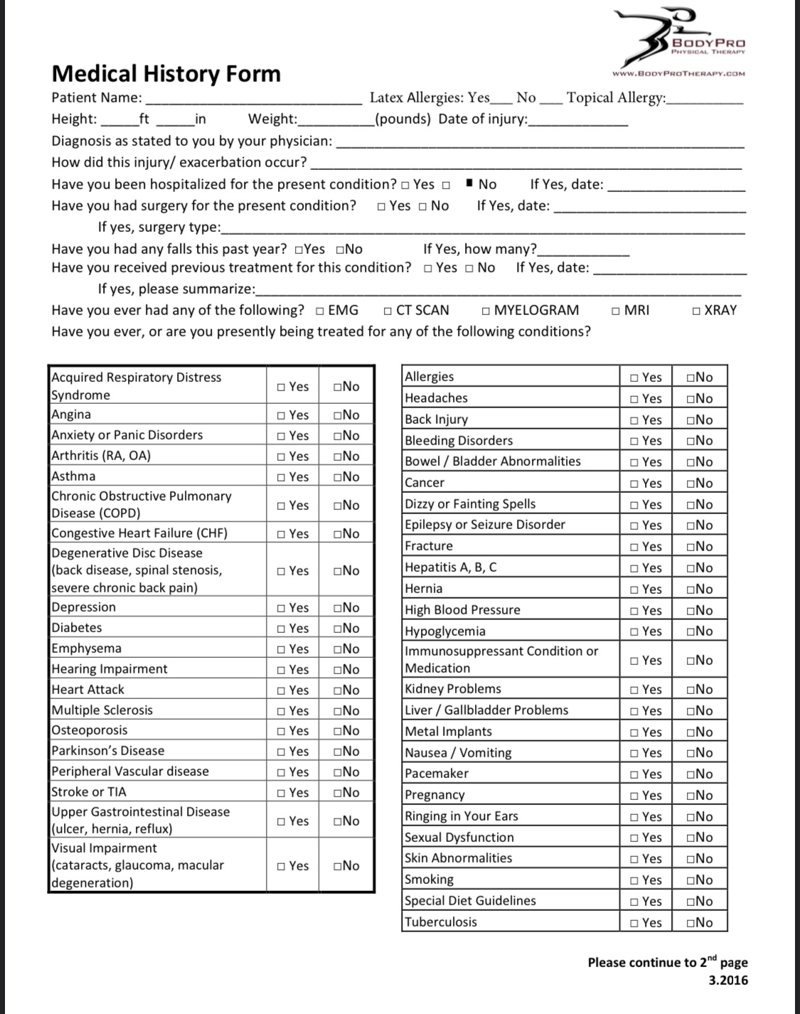 Physical Therapy Medical History Form Template
