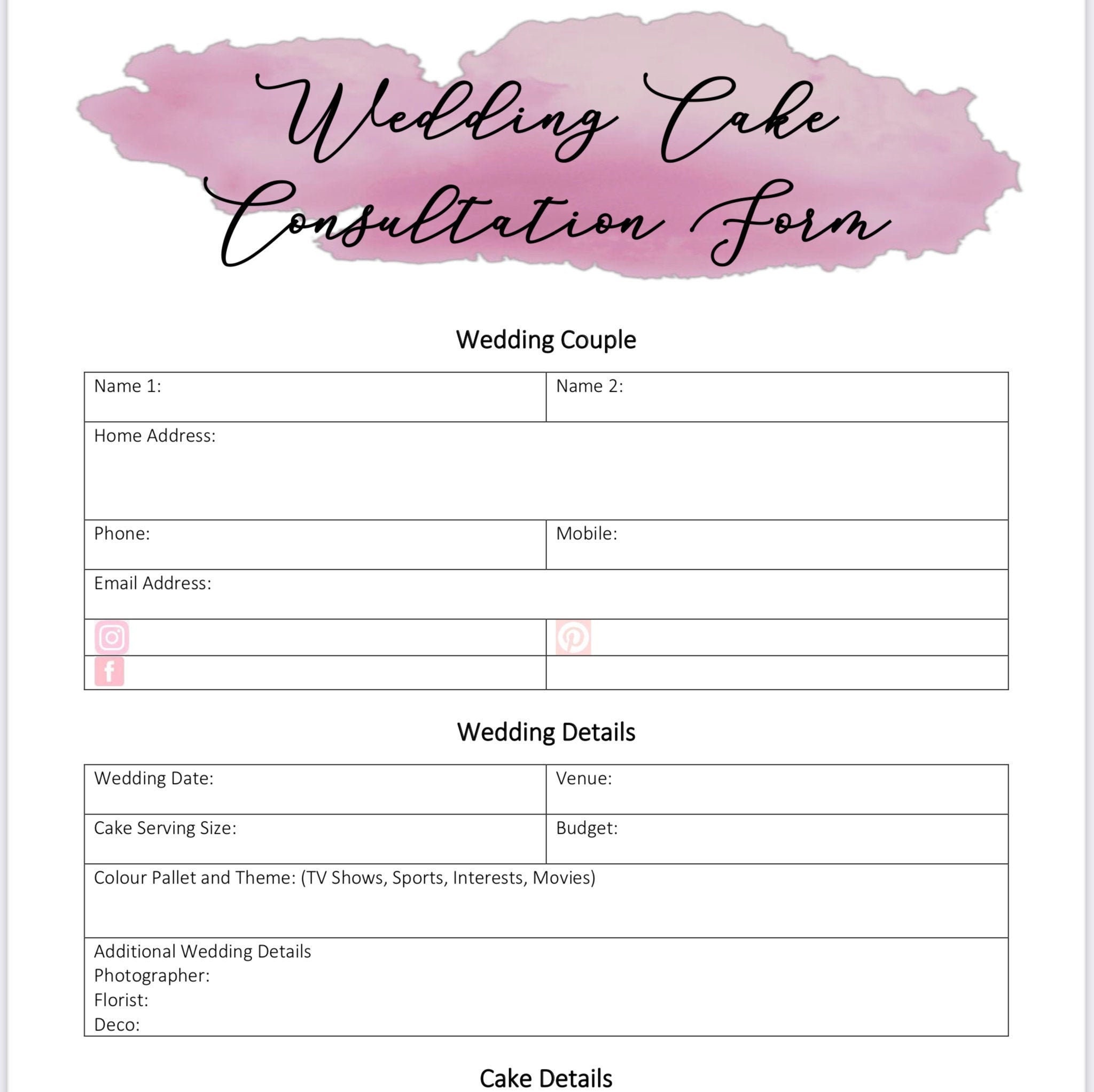 Wedding Cake Inquiry Form Template