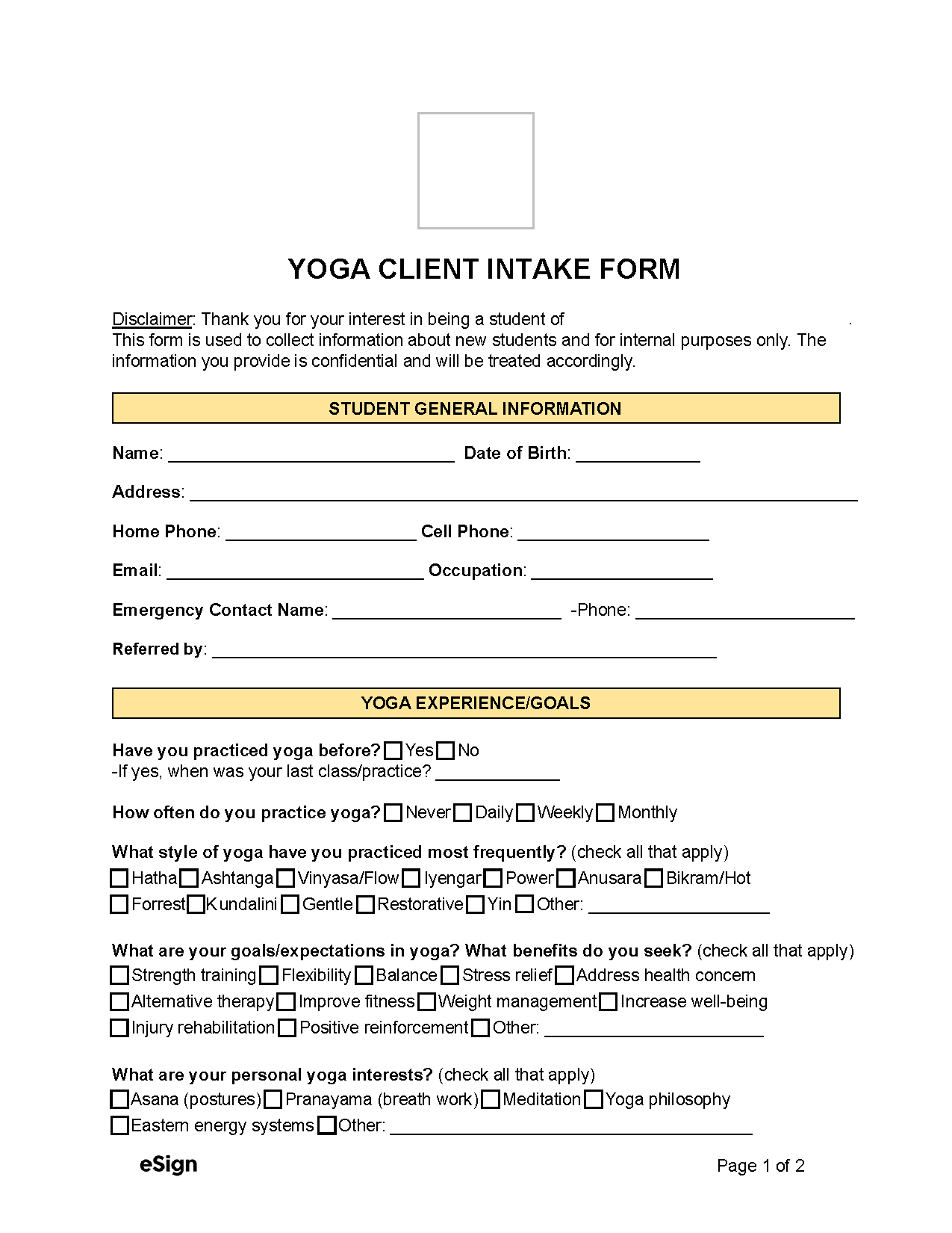 Yoga Therapy Intake Form Template