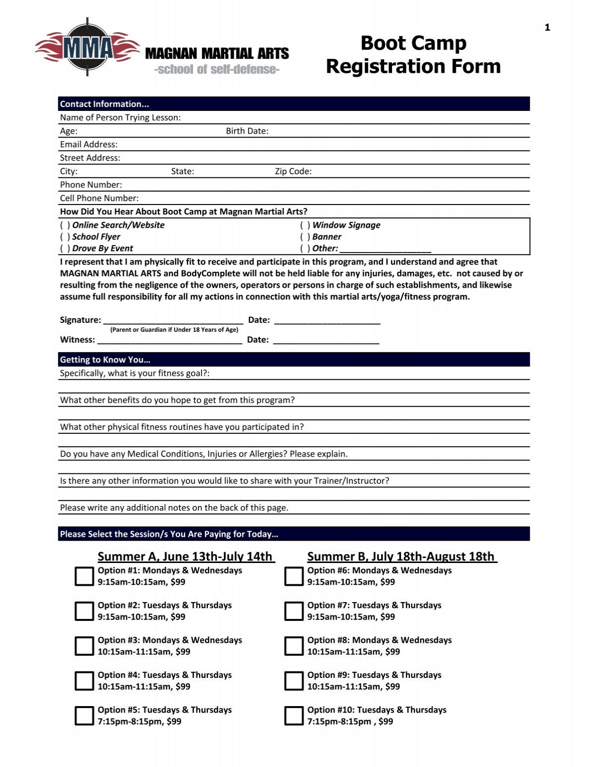 Boot Camp Registration Form Template