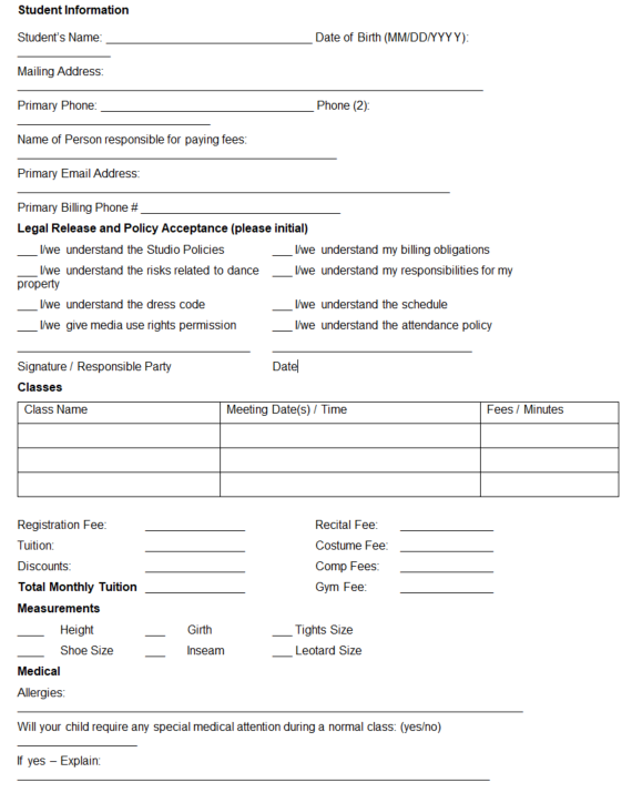 Dance Studio Registration Form Template