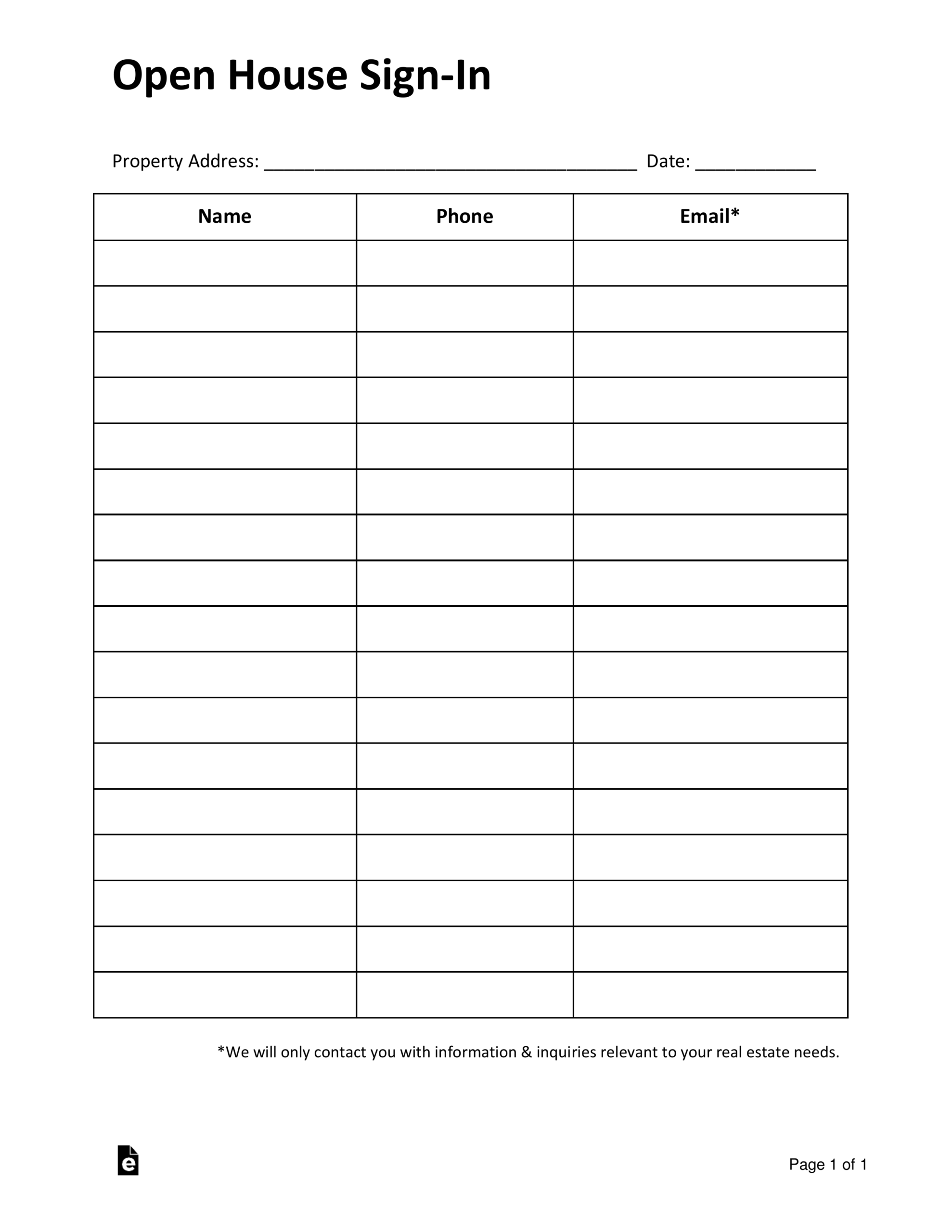 Open House Registration Form Template