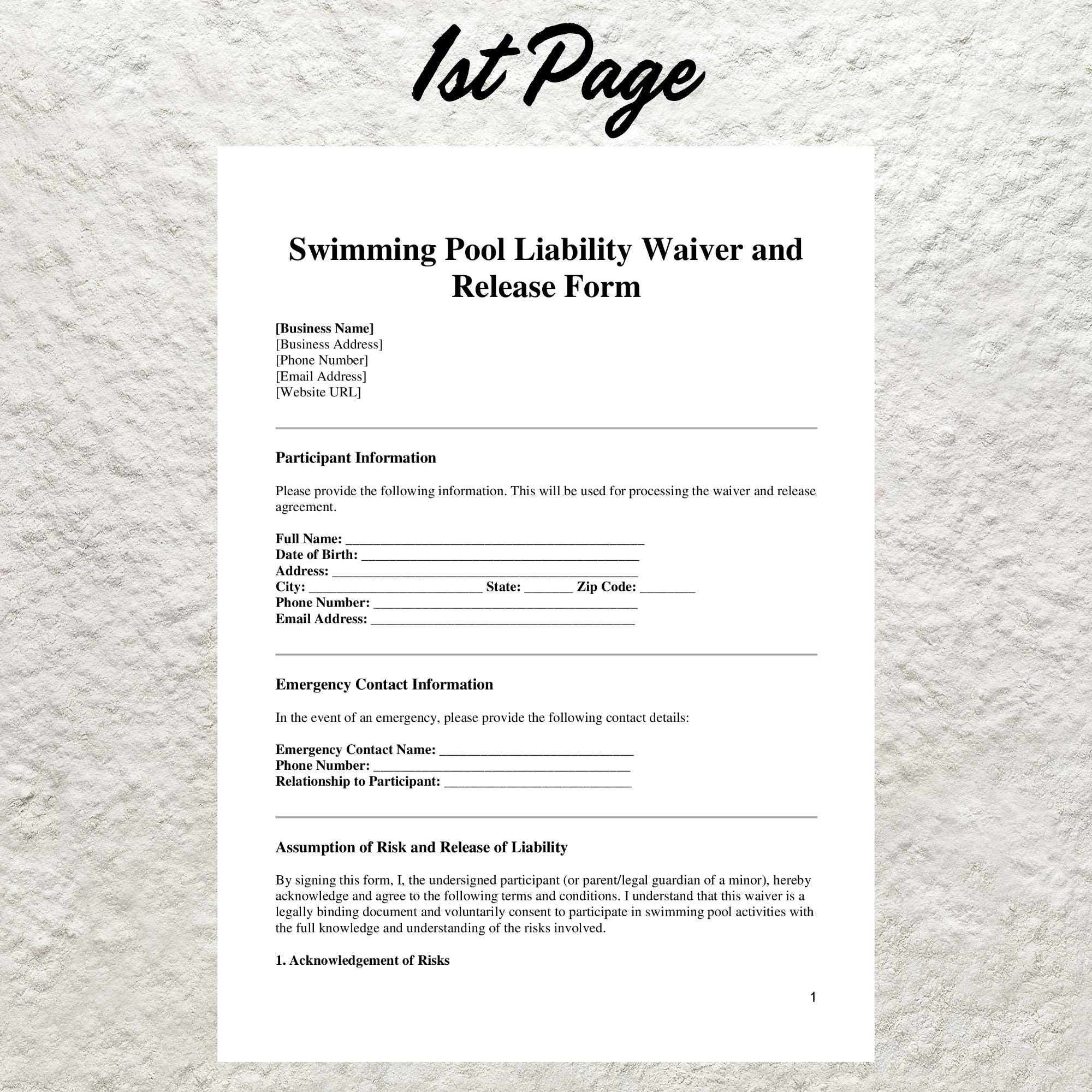 Water Spa Waiver Release Form Template