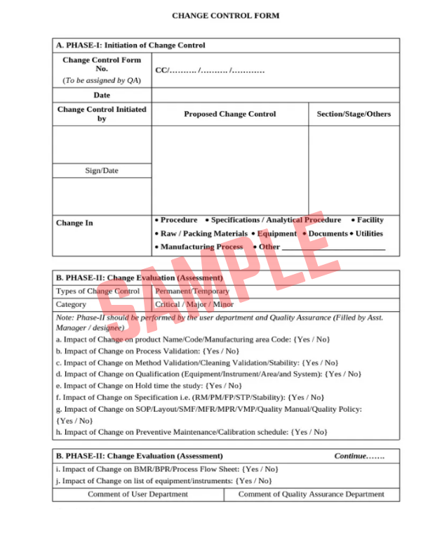 Pharmaceutical Change Control Form Template